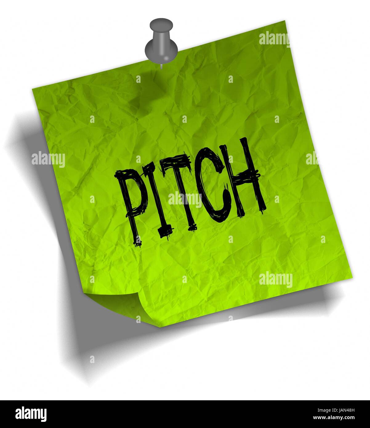 Green note paper with PITCH message and push pin graphic illustration ...