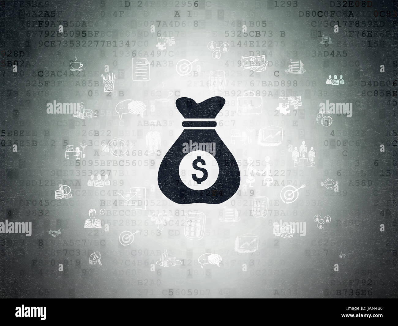 Business concept: Painted black Money Bag icon on Digital Data Paper background with Hand Drawn ...