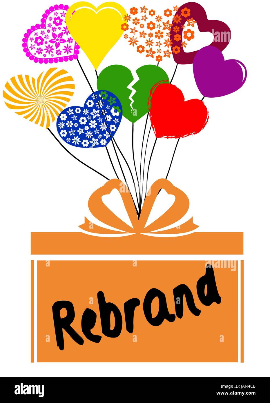 REBRAND on gift box with multicoloured hearts. Illustration concept ...