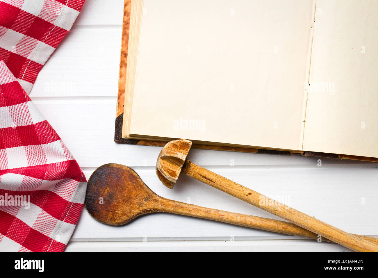top view of cookbook with kitchenware on white wooden table Stock Photo ...