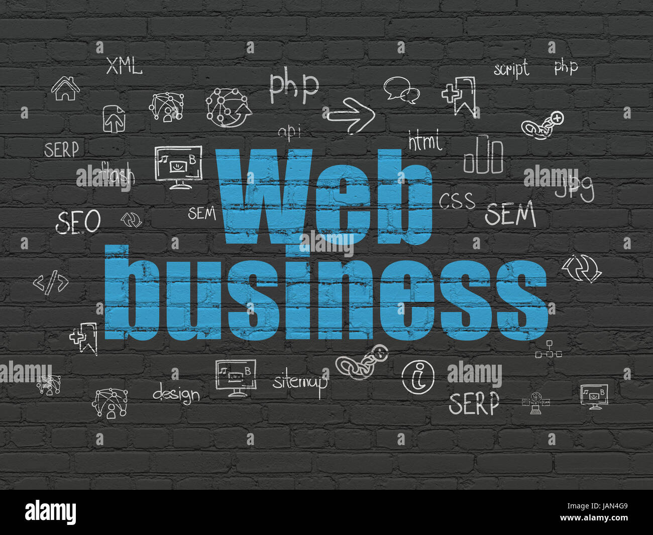 Web development concept: Painted blue text Web Business on Black Brick ...