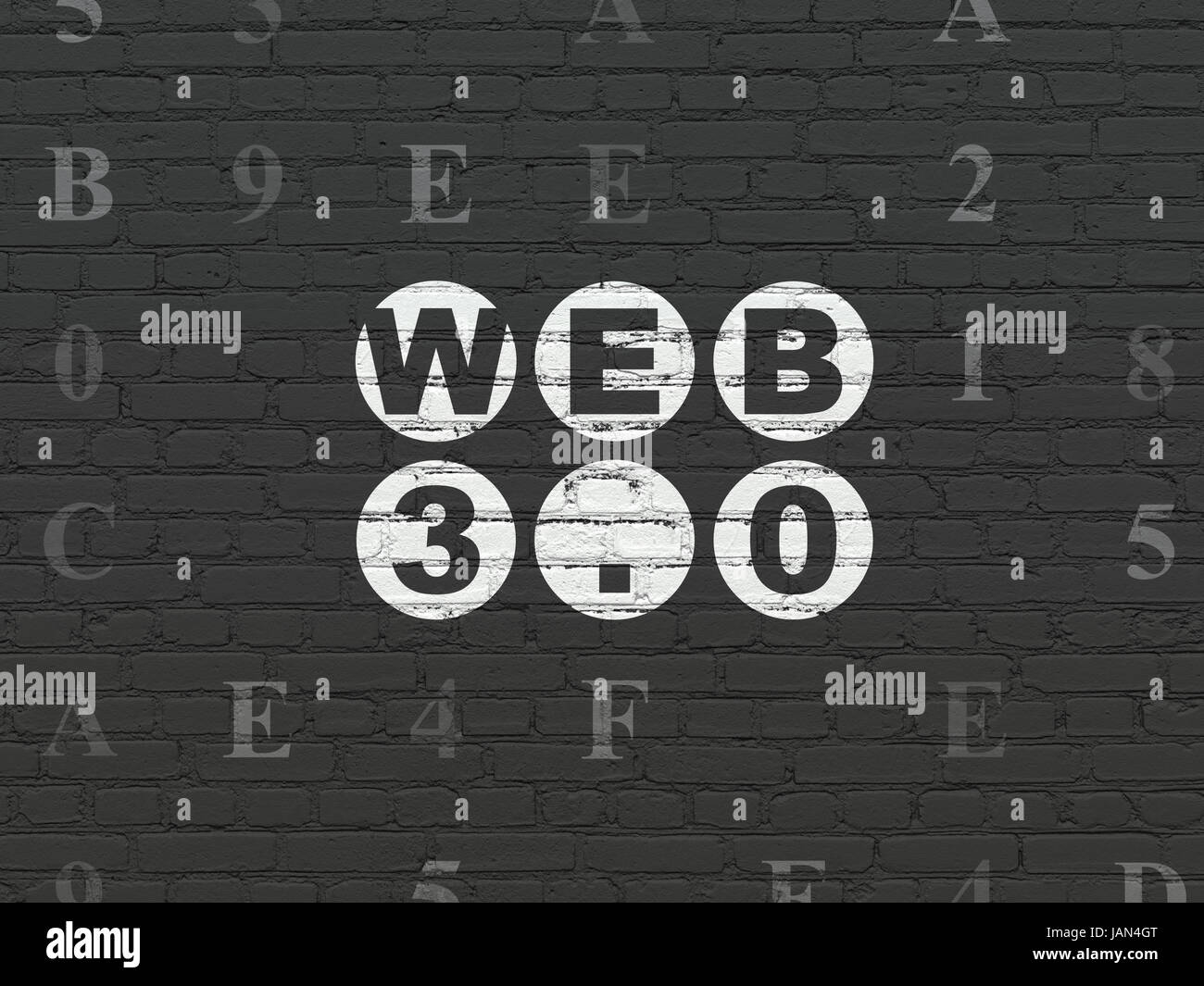 Web design concept: Painted white text Web 3.0 on Black Brick wall background with Hexadecimal ...