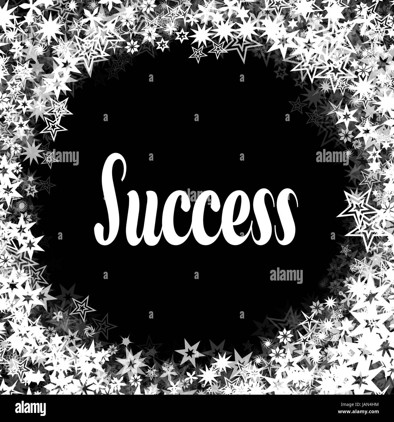 SUCCESS on black background with different white stars frame ...