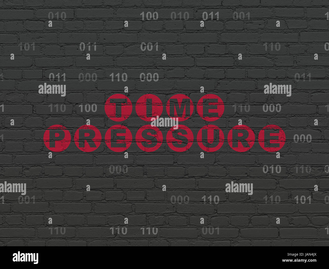 Time concept: Painted red text Time Pressure on Black Brick wall background with Binary Code ...