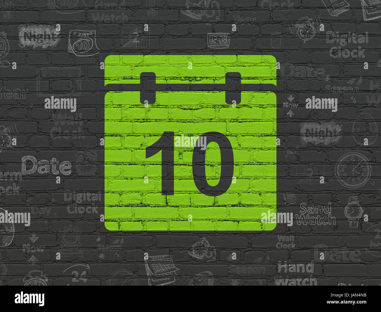 Time concept: Painted green Calendar icon on Black Brick wall ...
