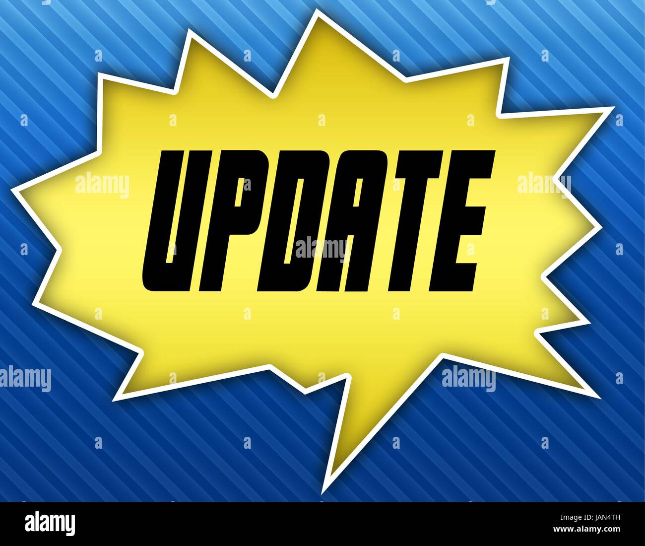 Bright yellow speech bubble with UPDATE message. Blue striped ...