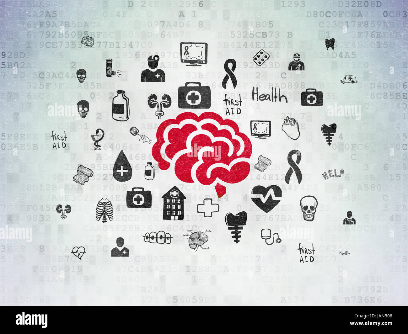 Health concept: Painted red Brain icon on Digital Data Paper background ...