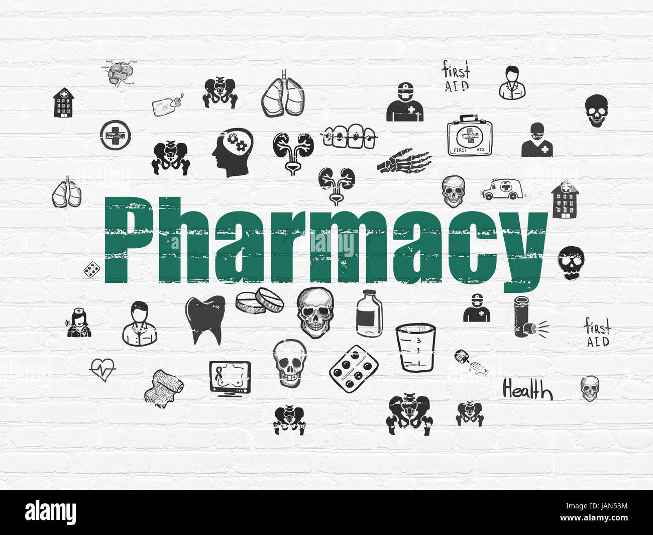 Health concept: Painted green text Pharmacy on White Brick wall ...