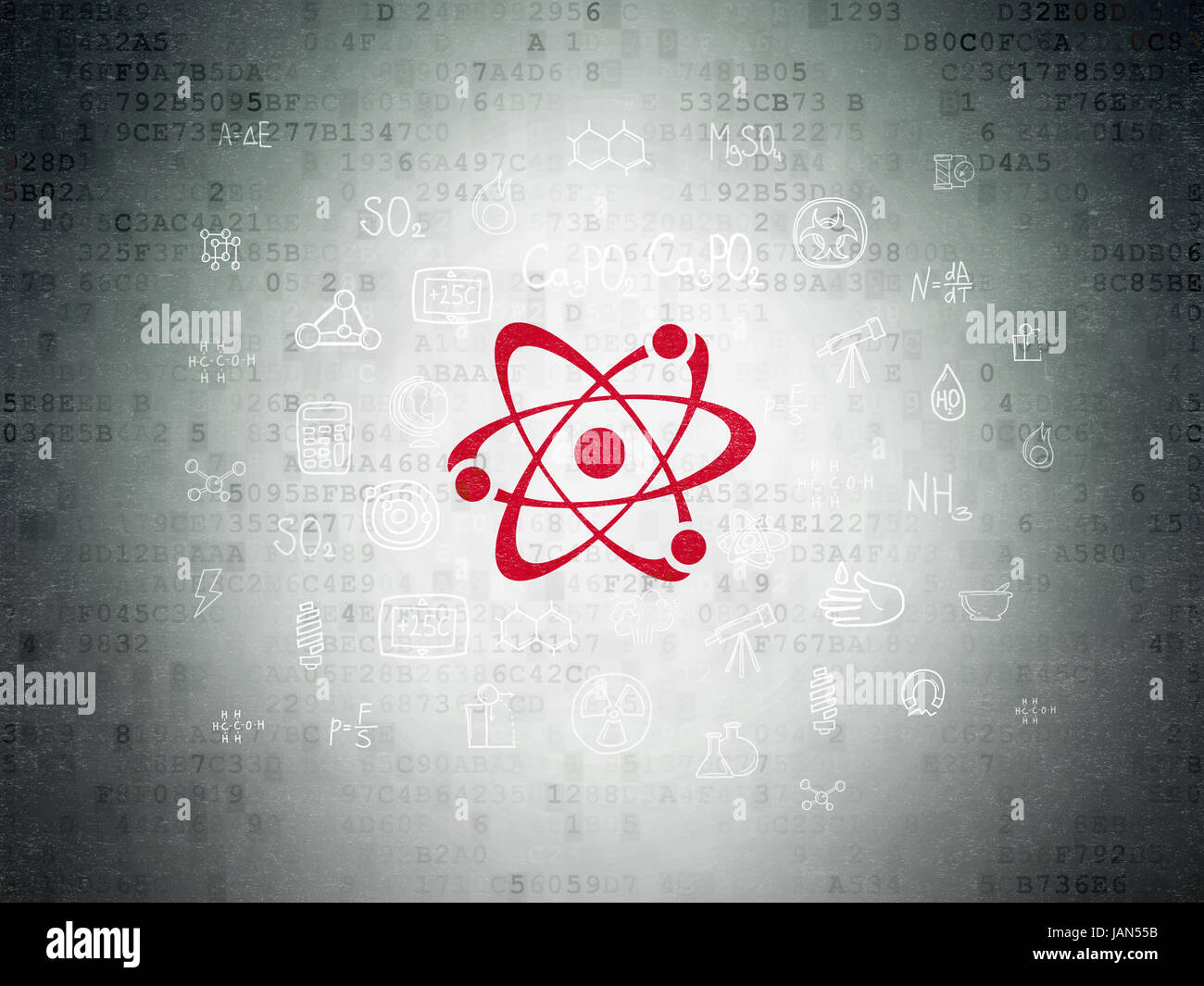 Science concept: Painted red Molecule icon on Digital Data Paper background with Hand Drawn ...