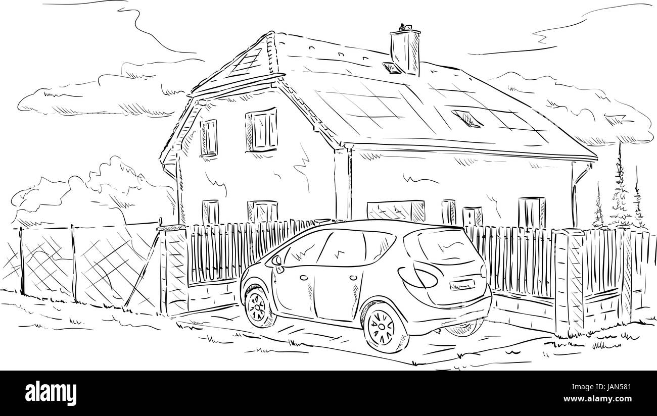 vector - House with fence and car parking Stock Photo - Alamy
