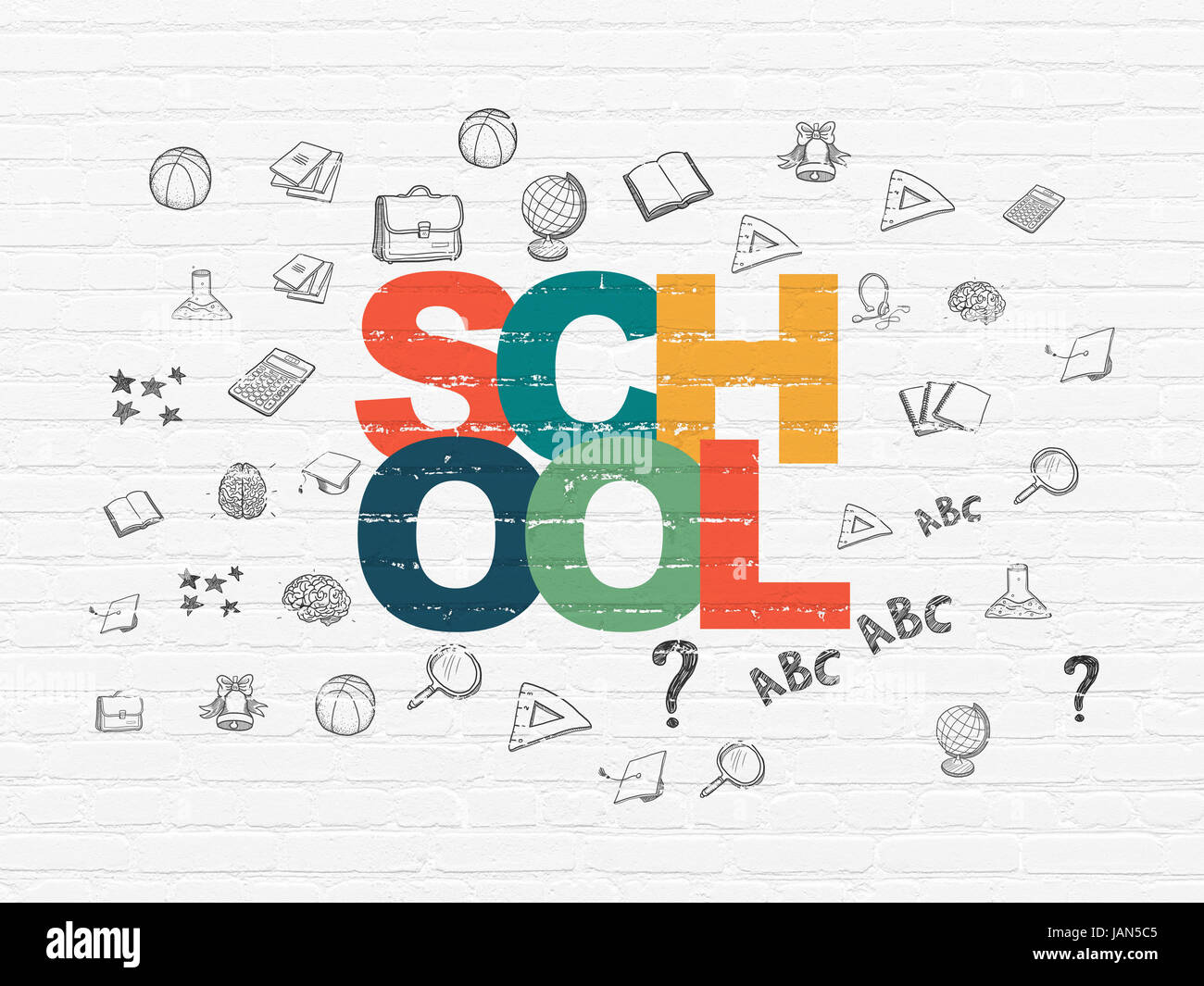Education concept: Painted multicolor text School on White Brick wall ...