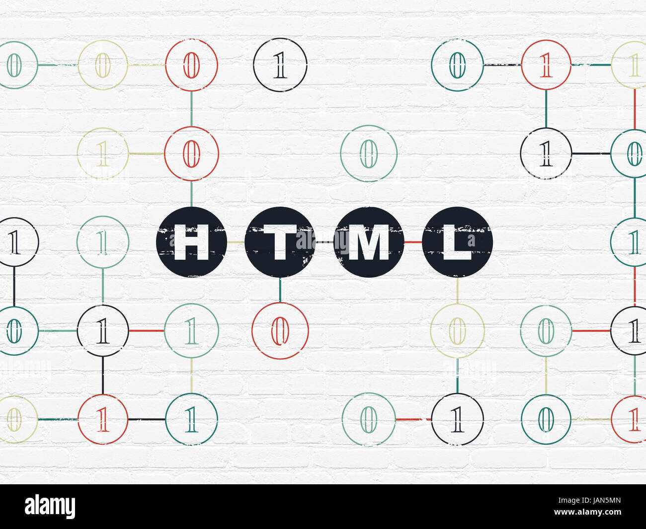 Database concept: Painted black text Html on White Brick wall ...