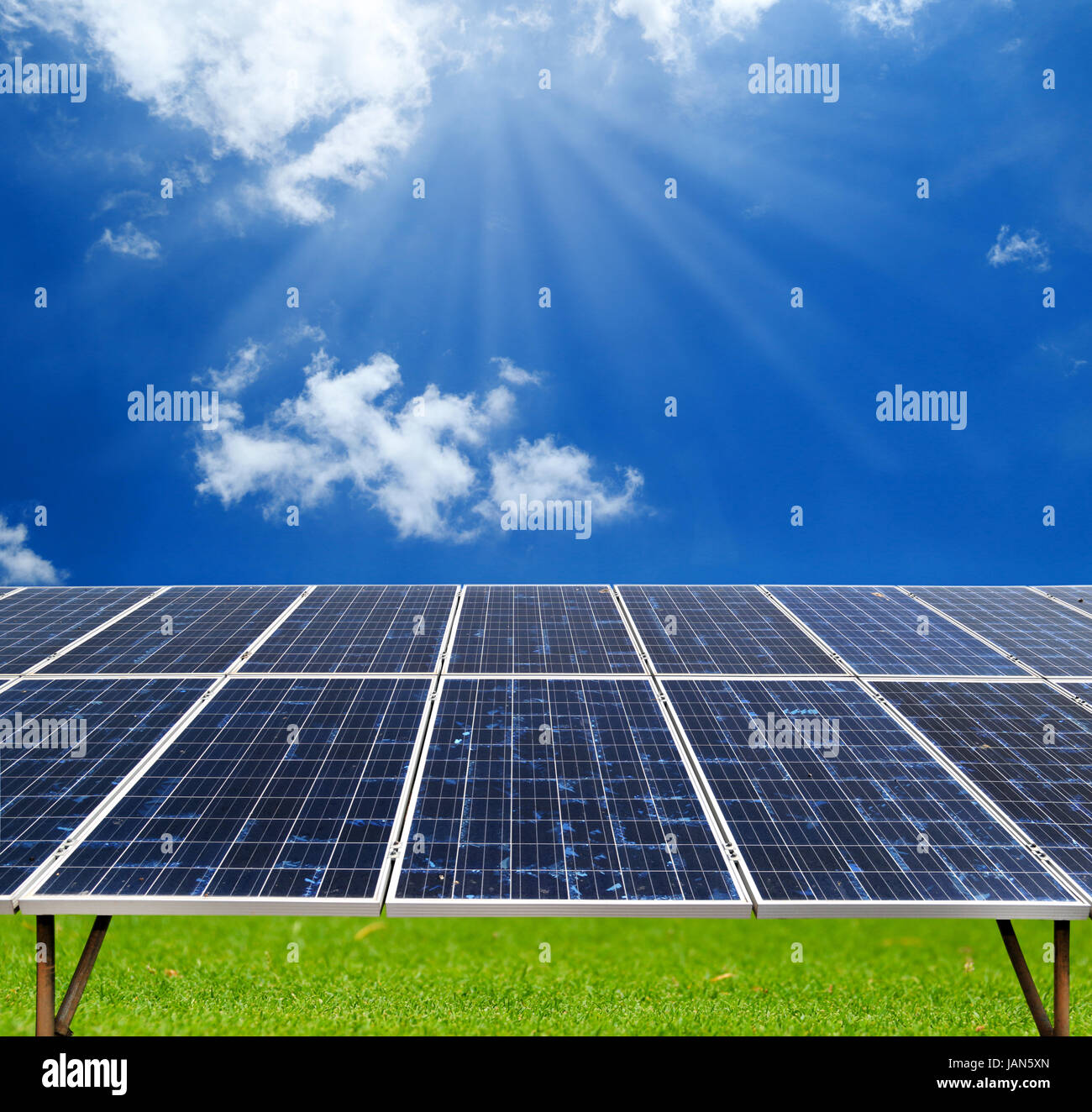 Eco power. Solar panel generating electricity clean energy on green ...