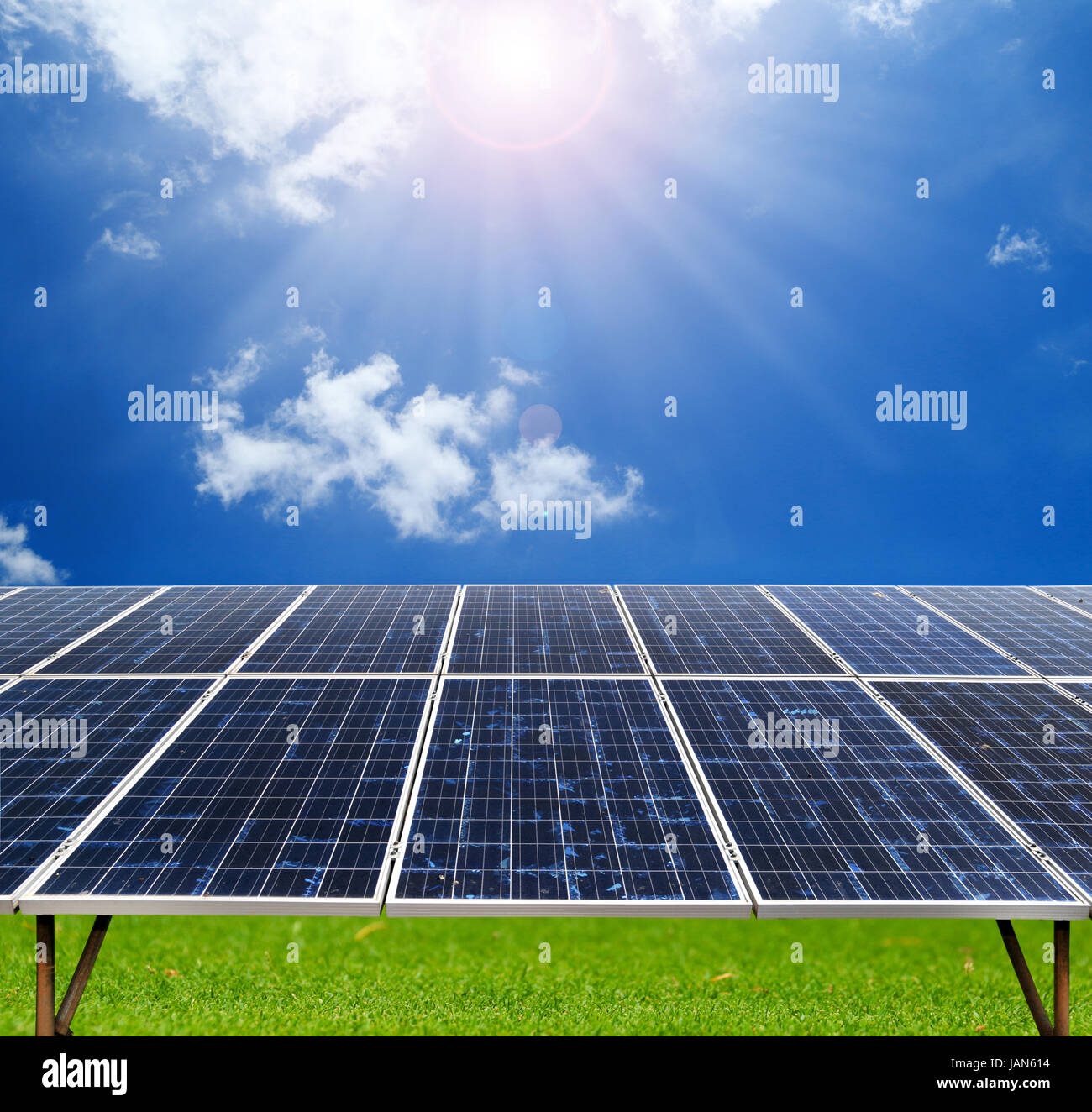 Eco power. Solar panel generating electricity clean energy on green ...