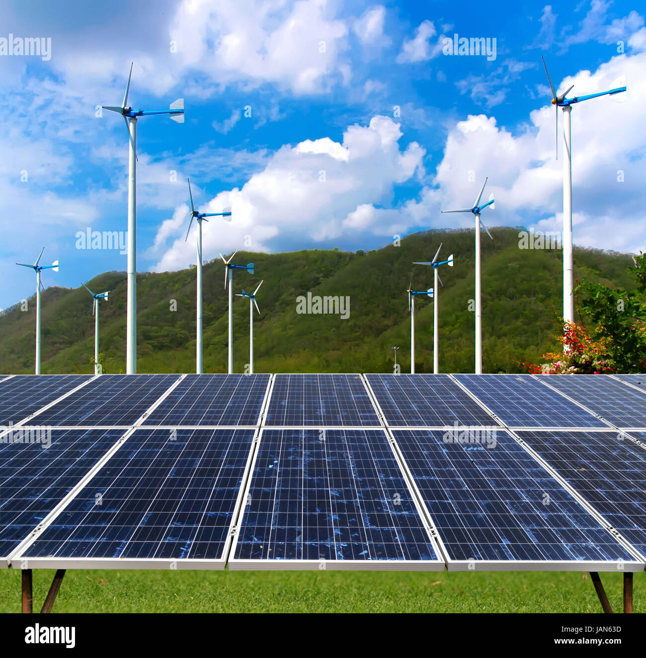 Eco power. Solar panel and wind turbines generating electricity clean ...