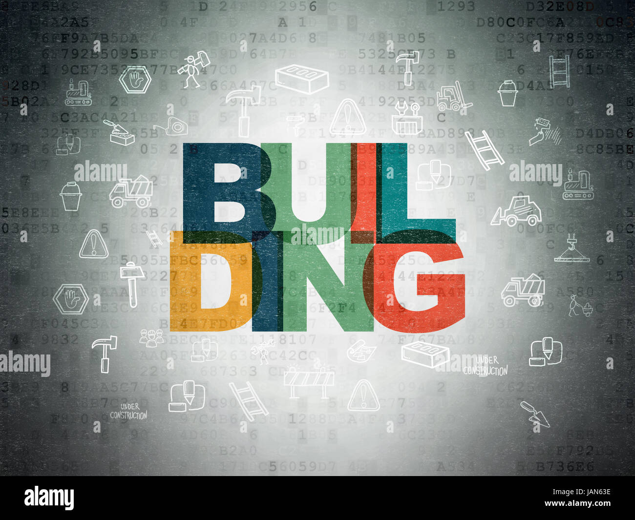 Constructing concept: Painted multicolor text Building on Digital Data Paper background with ...