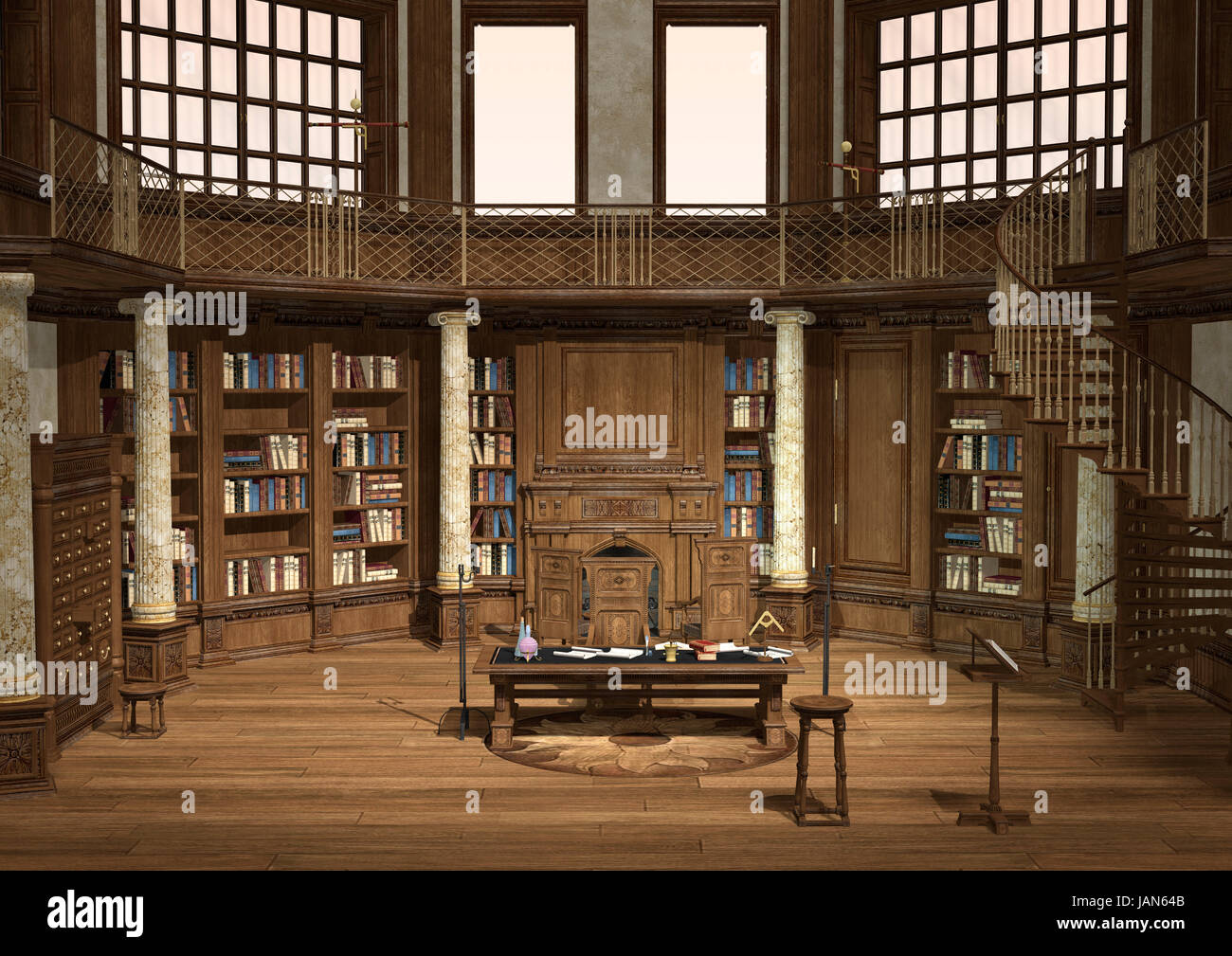 3D digital render of an antique library with lots of books and a table ...