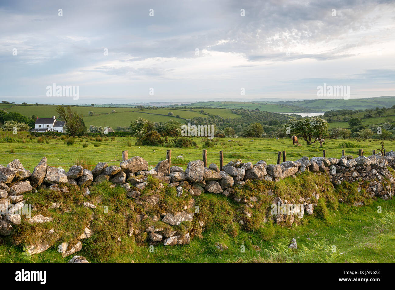 A farm on Bodmin Moor in Cornwall with Siblyback Lake in the far ...