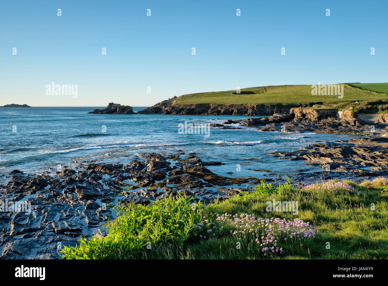 Clear blue skies over the beach at Trevone near Padstow on the Cornwall ...