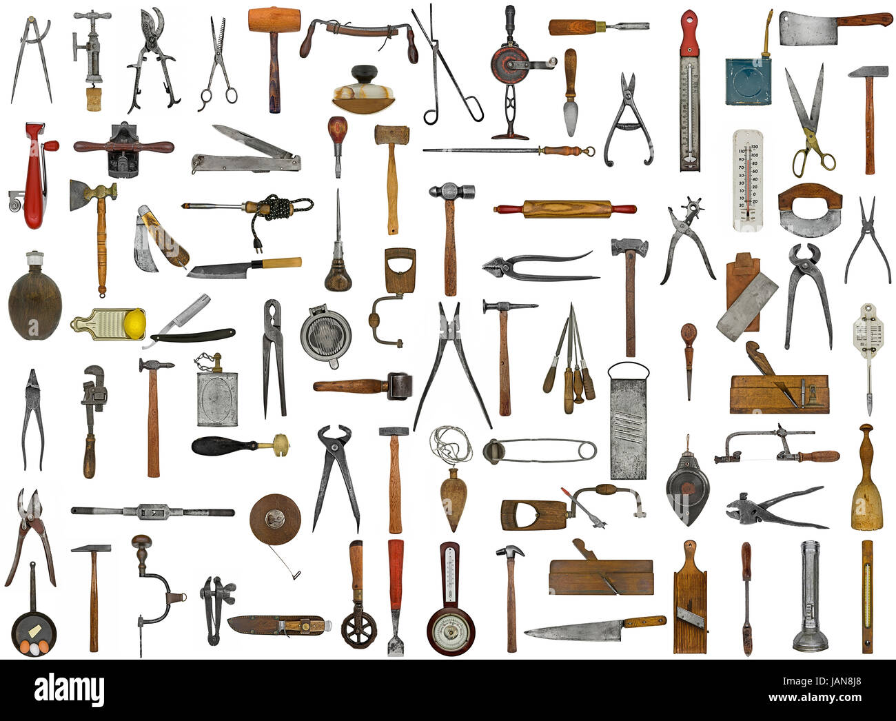 vintage tools and utensils collage background Stock Photo - Alamy