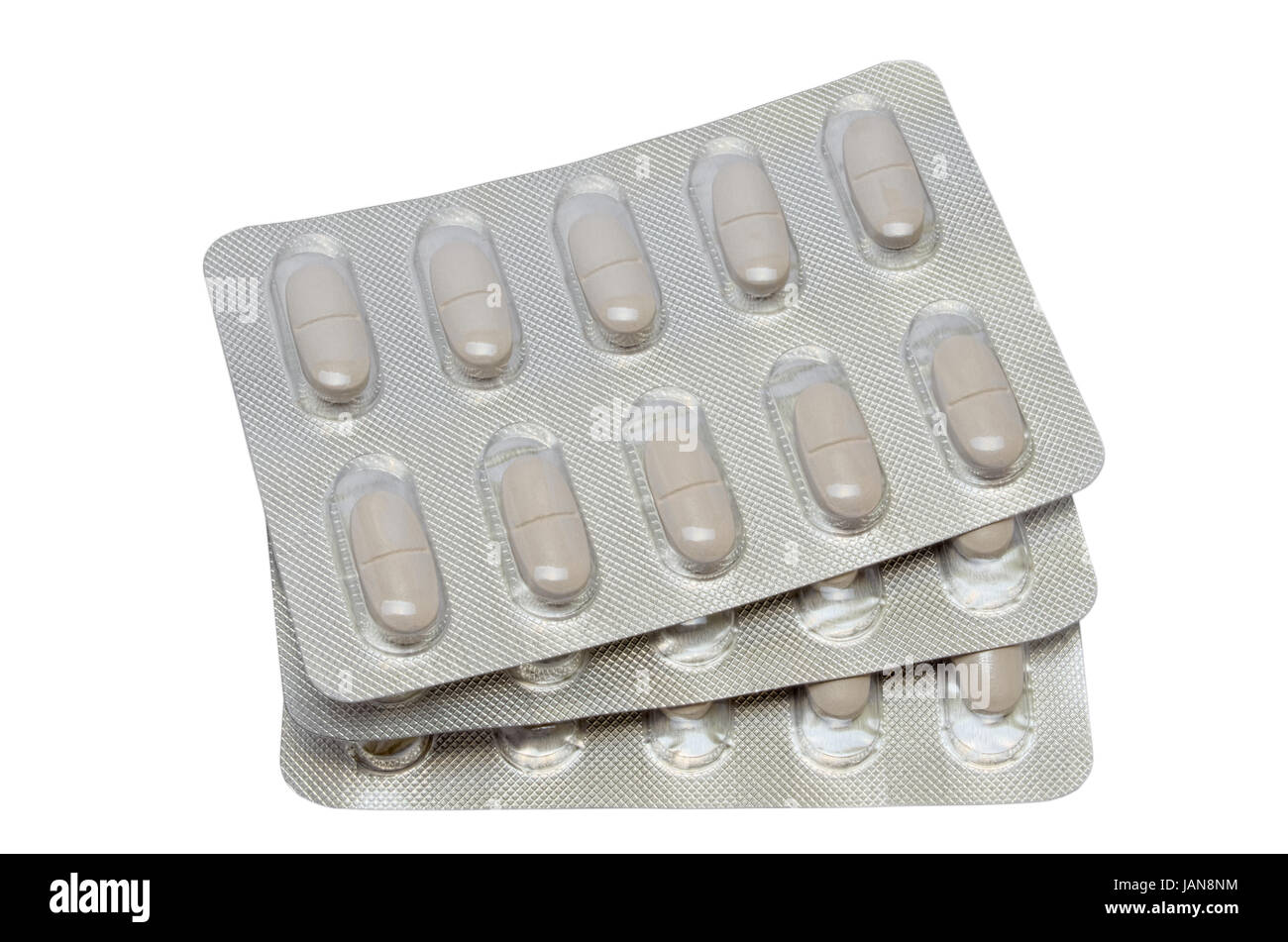 Oval Pills in Three Blisters Isolated Close-up Stock Photo - Alamy