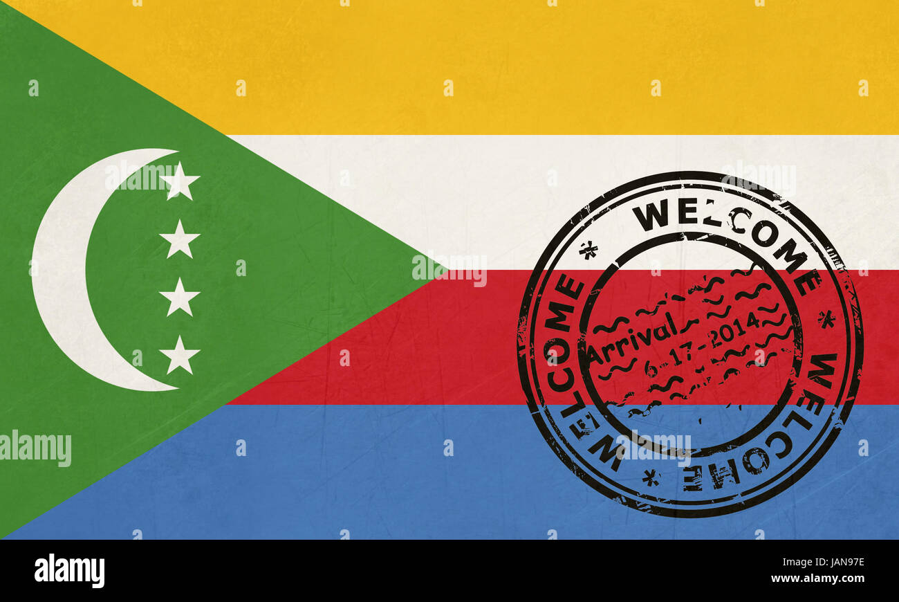 Welcome to Comoros flag with passport stamp Stock Photo - Alamy