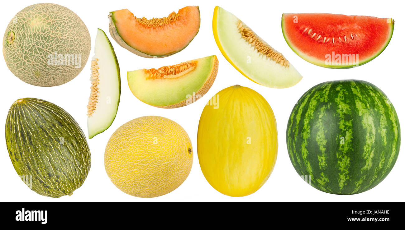 Verschiedene Melonen mit Scheiben isoliert Stock Photo - Alamy