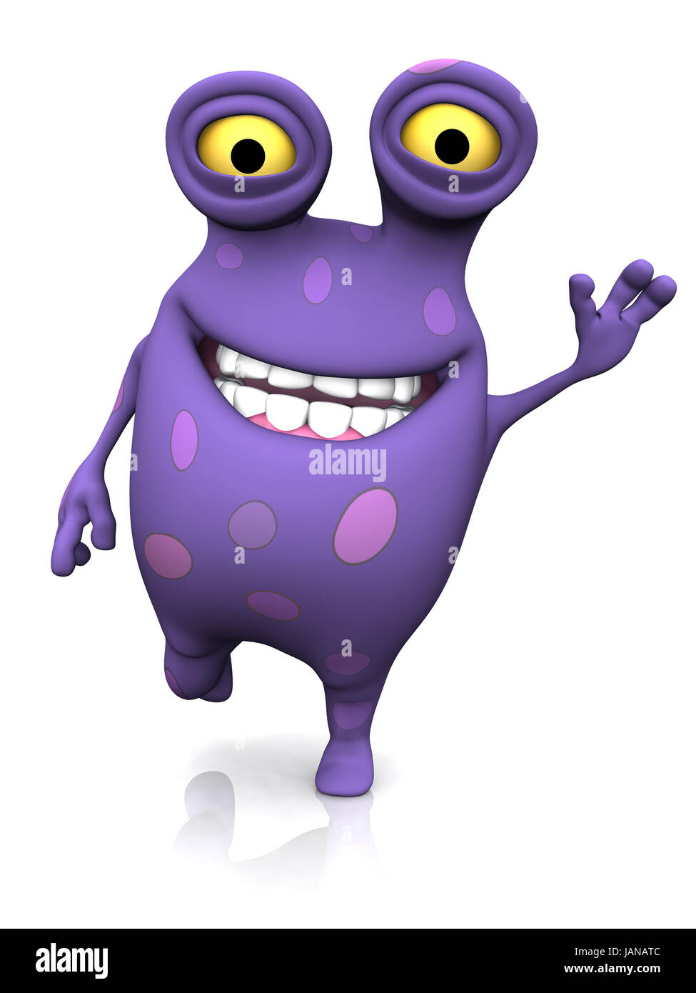 A cute charming cartoon monster waving its hand and looking very happy ...