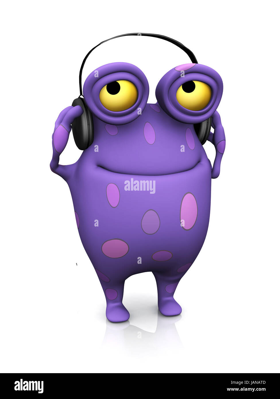 A cute charming cartoon monster listening to music in the headphones he ...