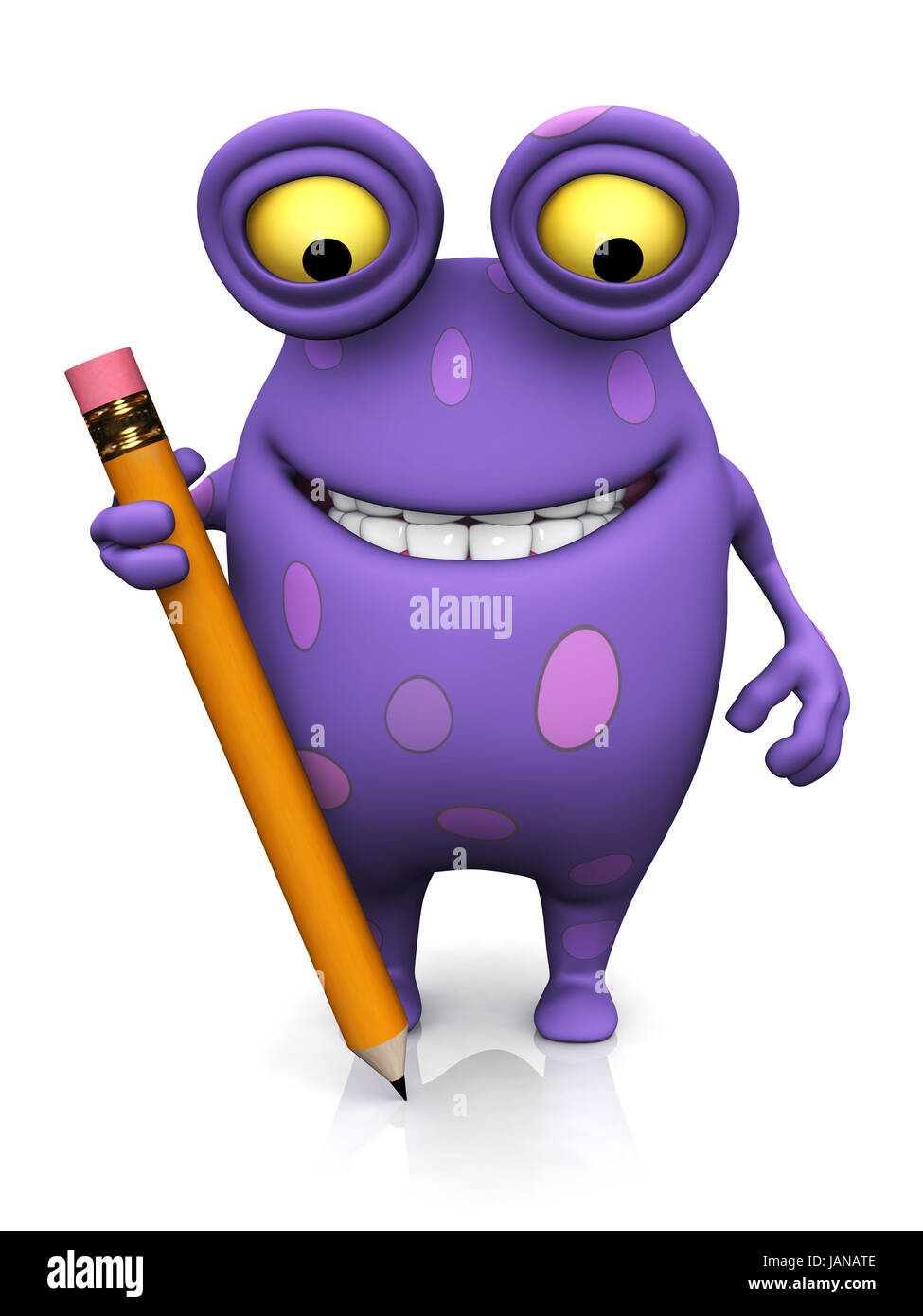 A cute charming cartoon monster holding a very large pencil. The ...