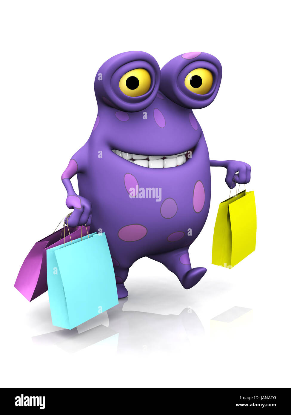 A cute charming cartoon monster carrying shopping bags. The monster is ...