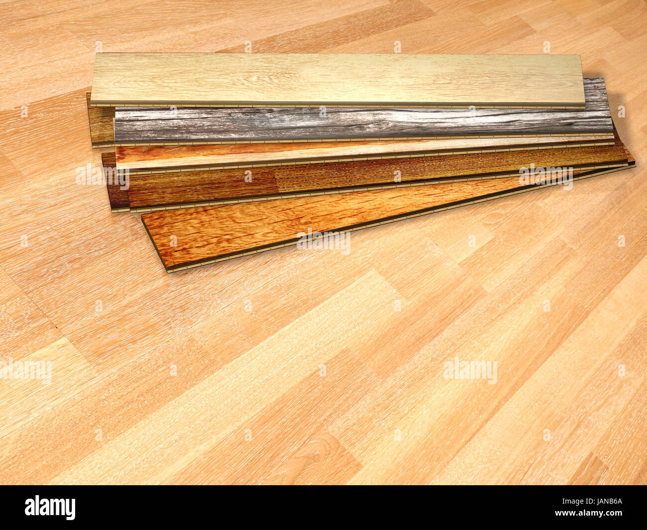 New planks of oak parquet of different colors on wooden floor. 3d ...