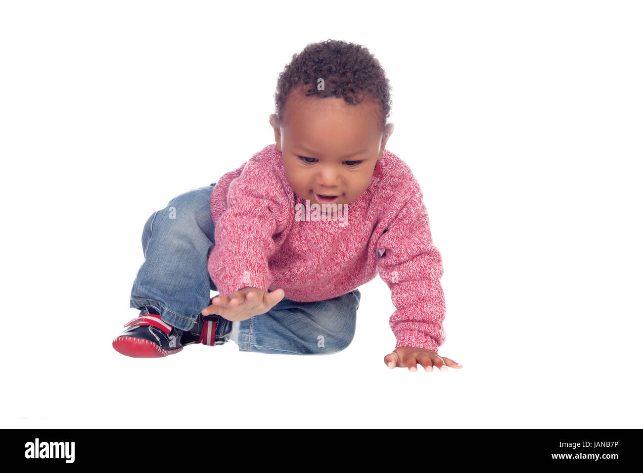 Beautiful African American baby crawling isolated on a white background ...