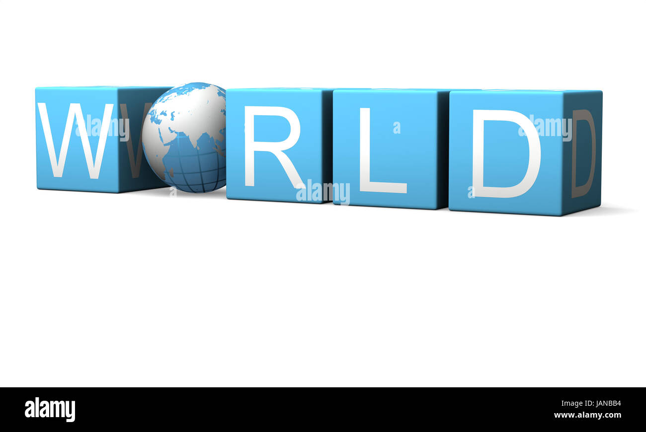 Blue world sign made of cubes and planet isolated on white background ...