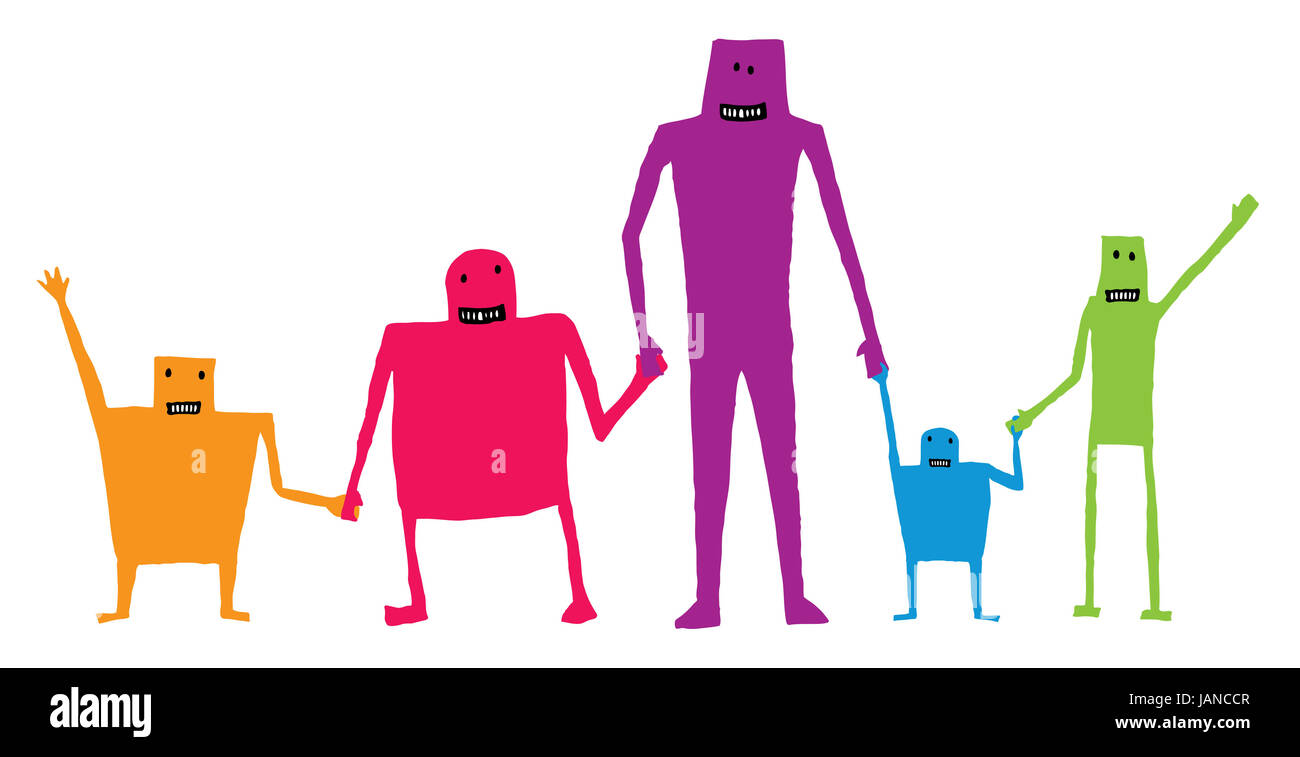 Cartoon teamwork holding hands / happy cooperation Stock Photo - Alamy