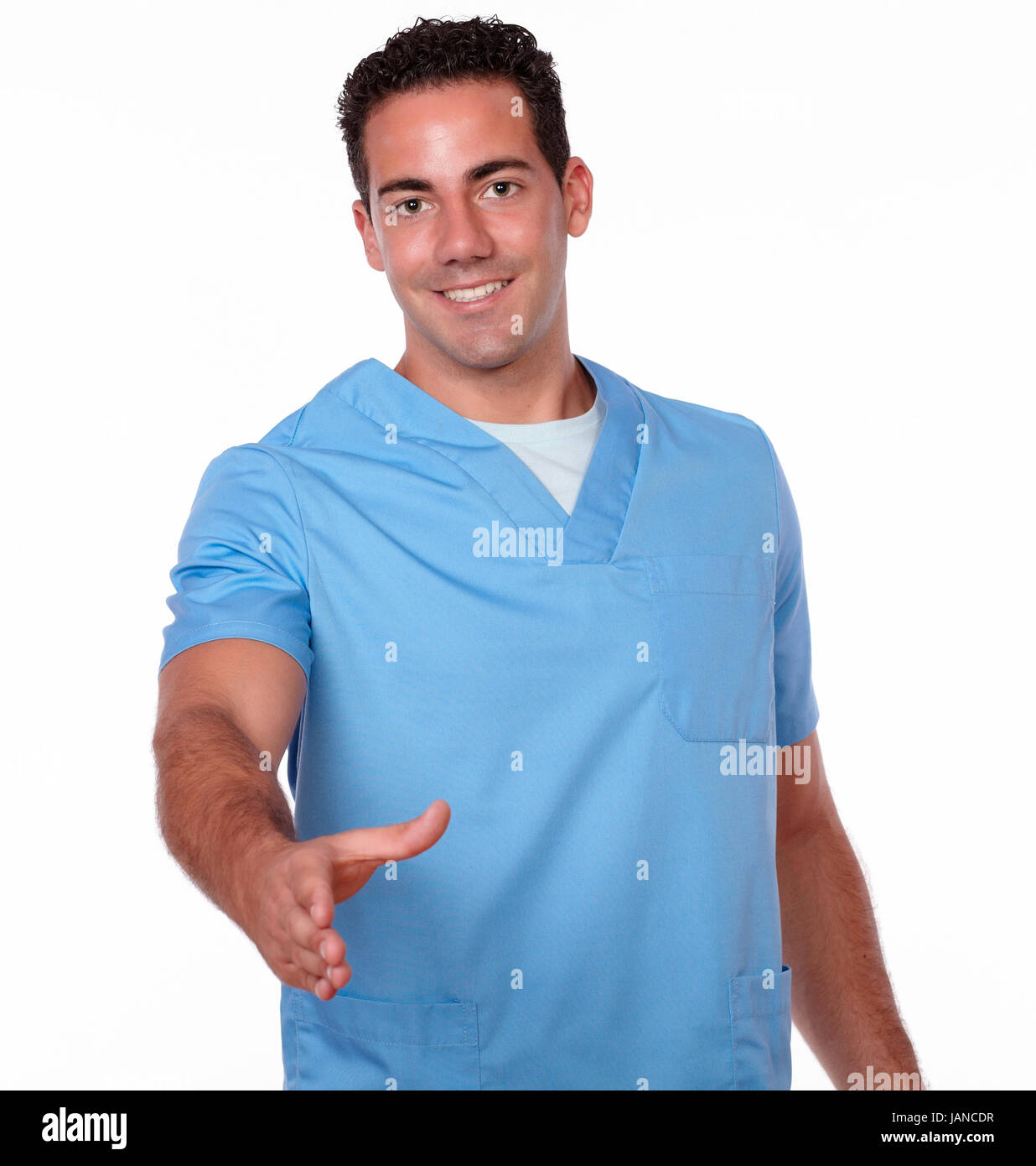 Portrait of an attractive nurse guy on blue uniform with greeting ...