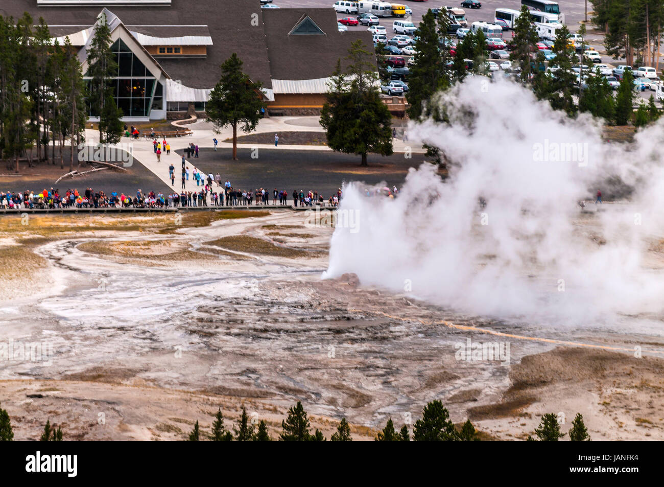Famous Old Faithful Geyser while erupting taken from the Overlook ...