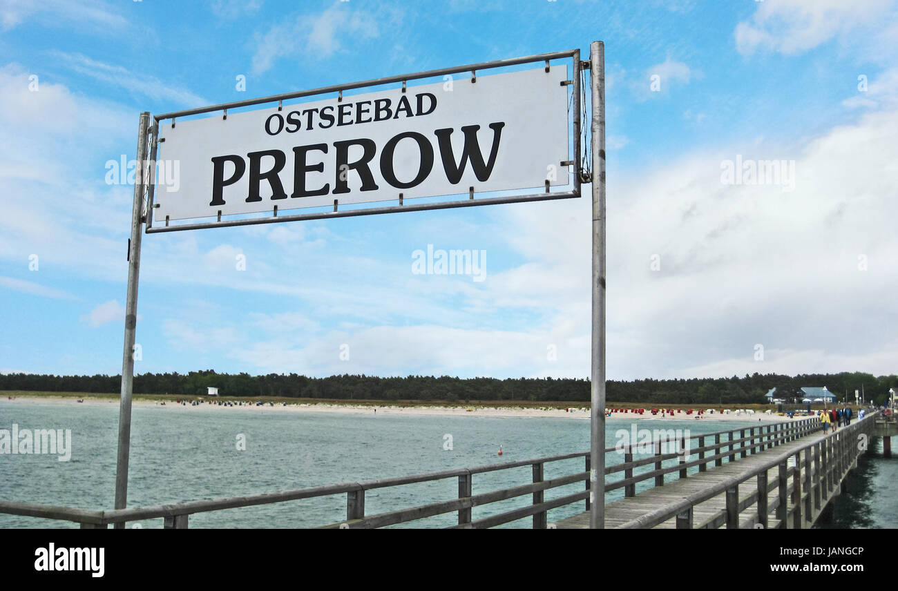 Pier sign in Prerow, bridge into the baltic sea, Fischland-Darss-Zingst ...