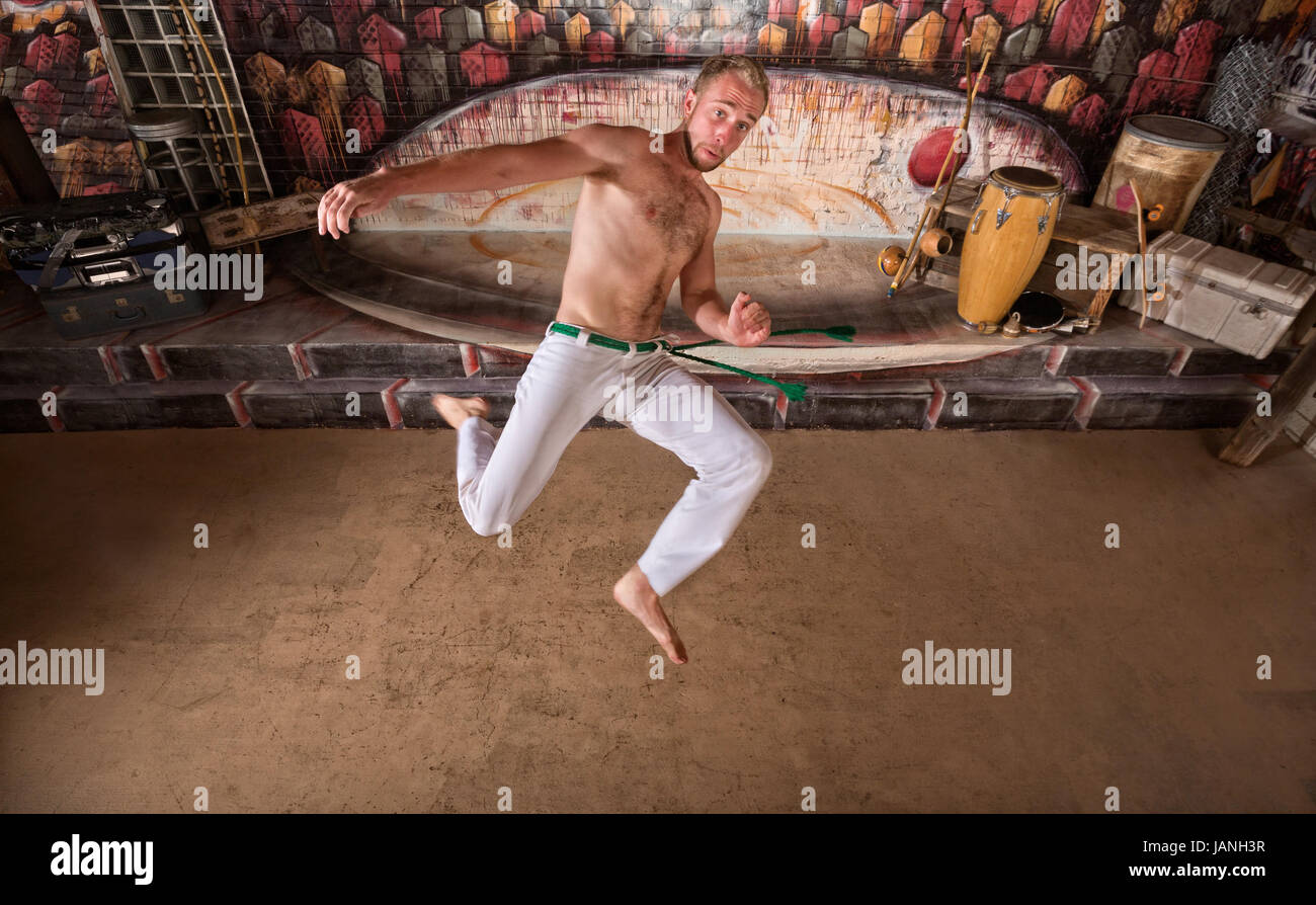 Caucasian capoeira performers jumping for a twisting kick Stock Photo ...