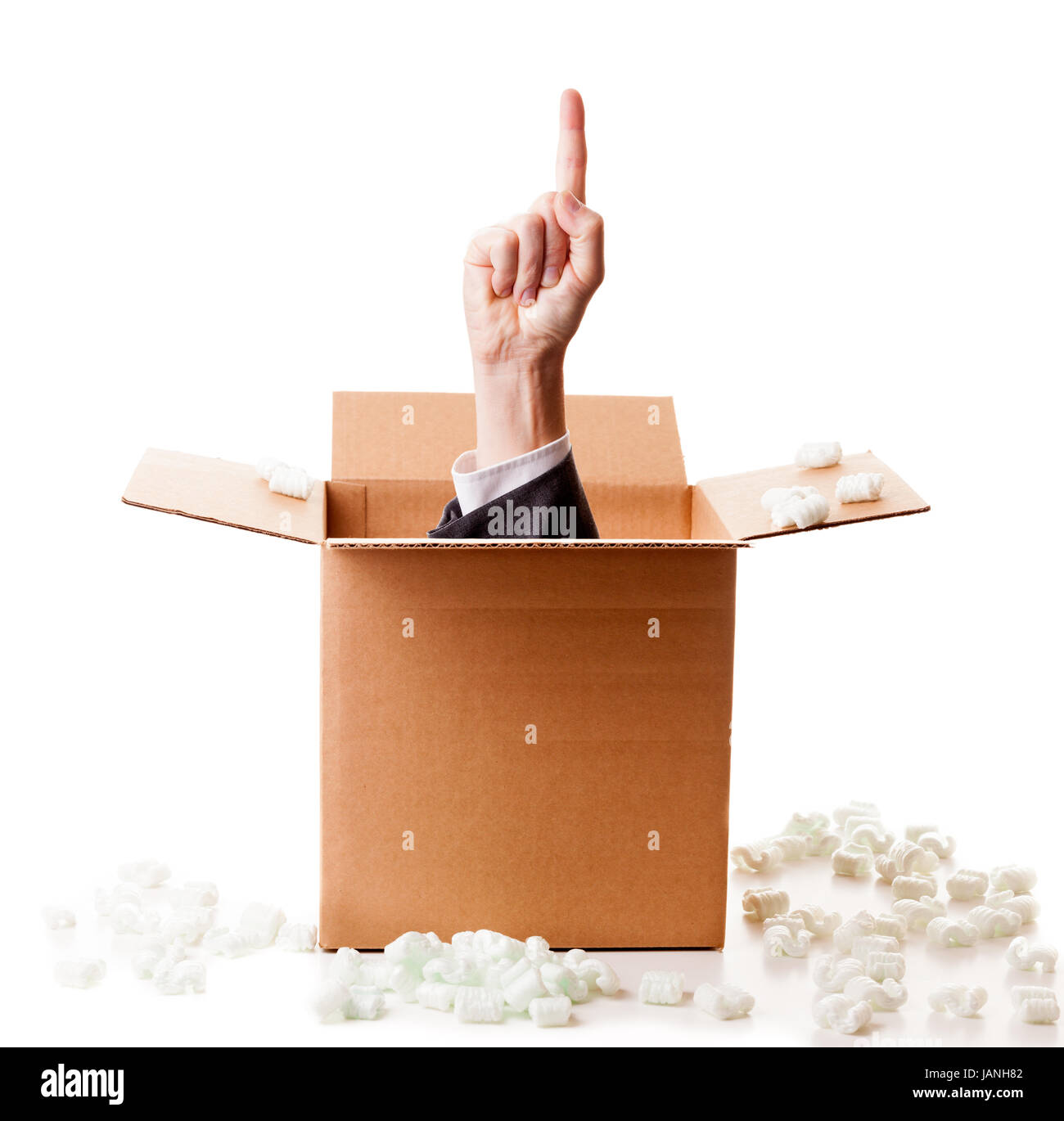 Open package with male hand pointing up. Isolated on white Stock Photo ...