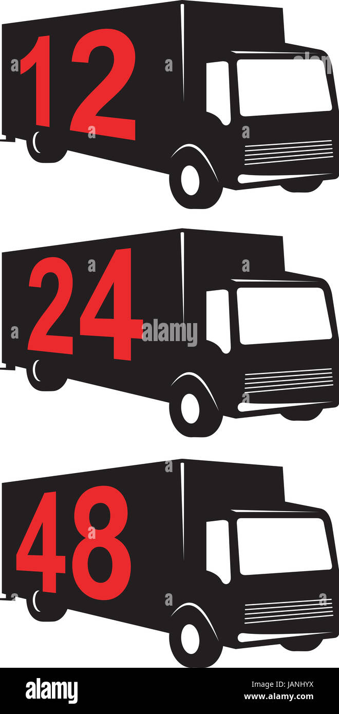illustration of a delivery truck lorry with numbers 12 24 48 hours done ...