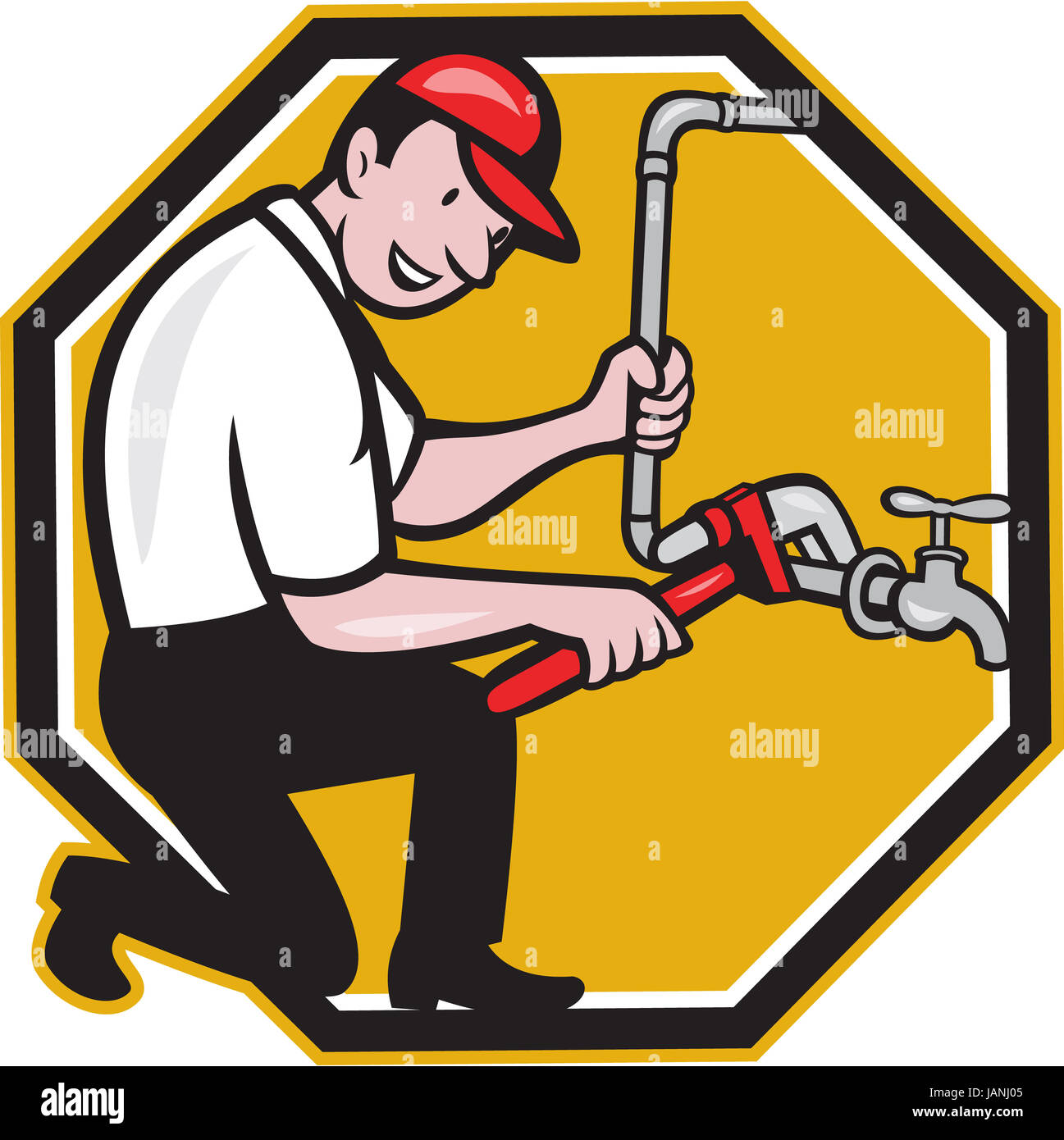 Illustration of a plumber with monkey wrench repairing faucet tap pipe ...