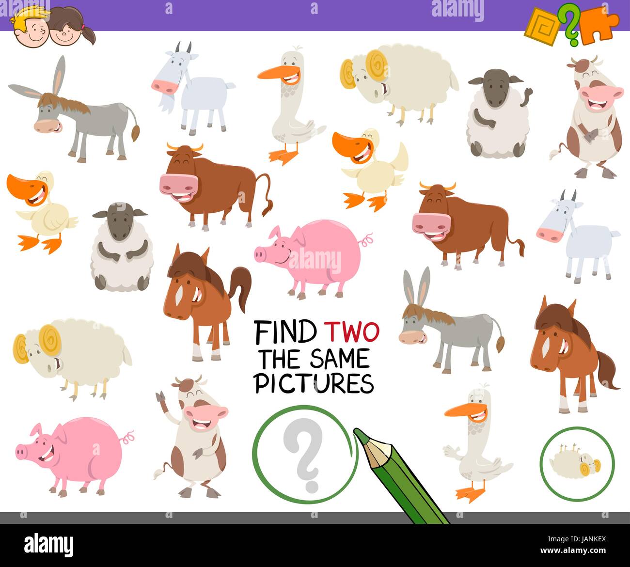 Cartoon Illustration of Finding Two Exactly the Same Pictures Educational Activity for Children ...