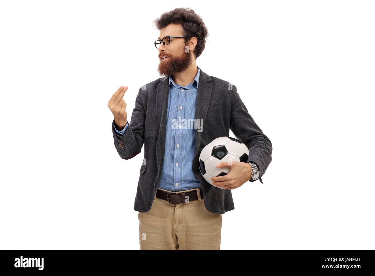 Bearded man with a football explaining isolated on white background ...