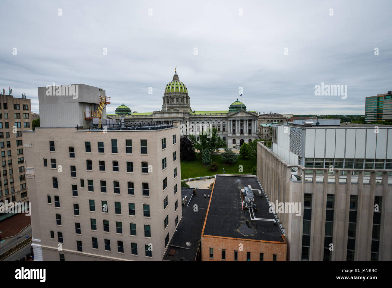 Aerial of Historic downtown Harrisburg, Pennsylvania next to the ...