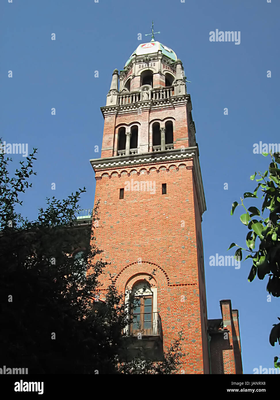 A photograph of a church bell tower detailing its unique architectural ...