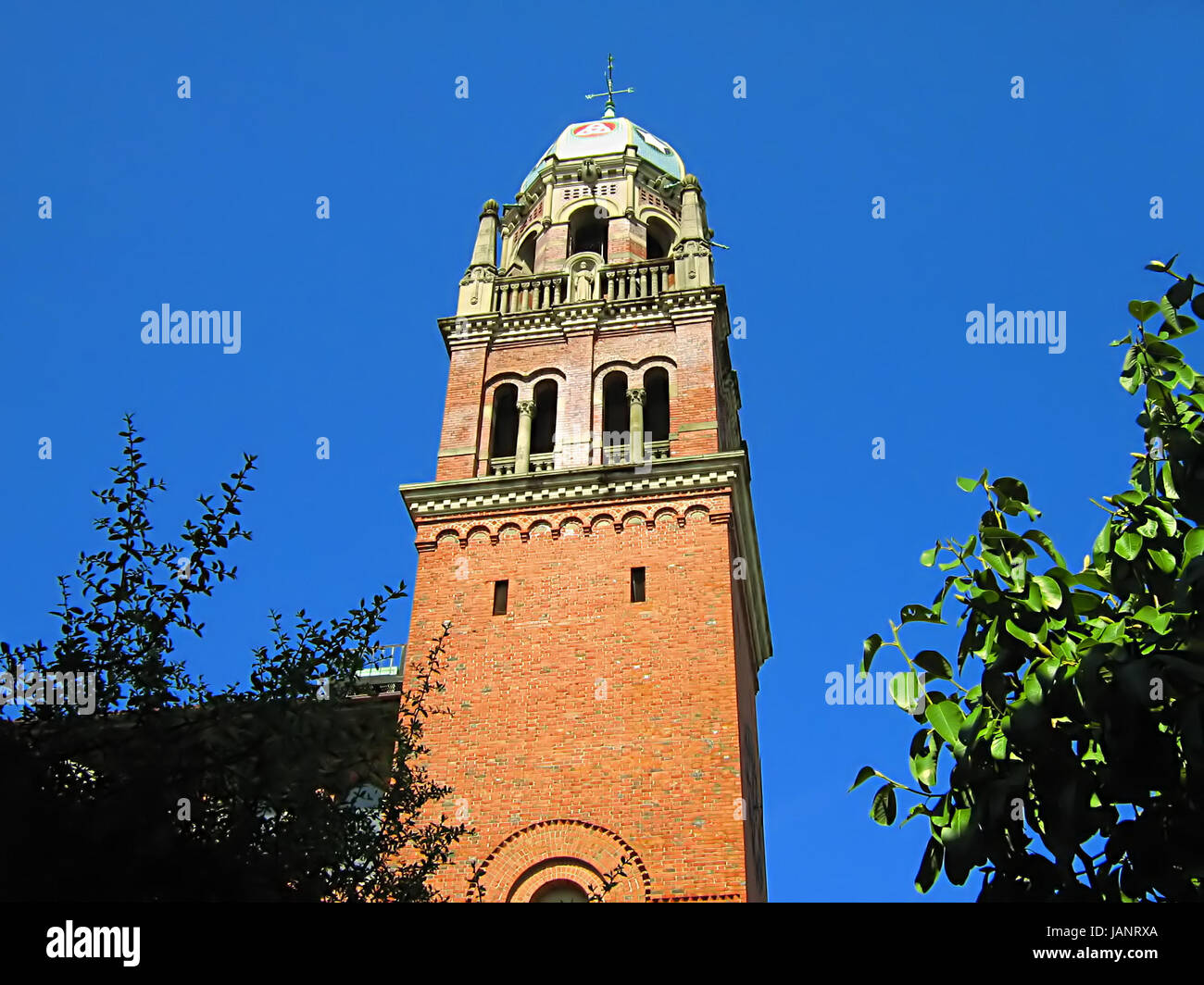 A photograph of a church bell tower detailing its unique architectural ...