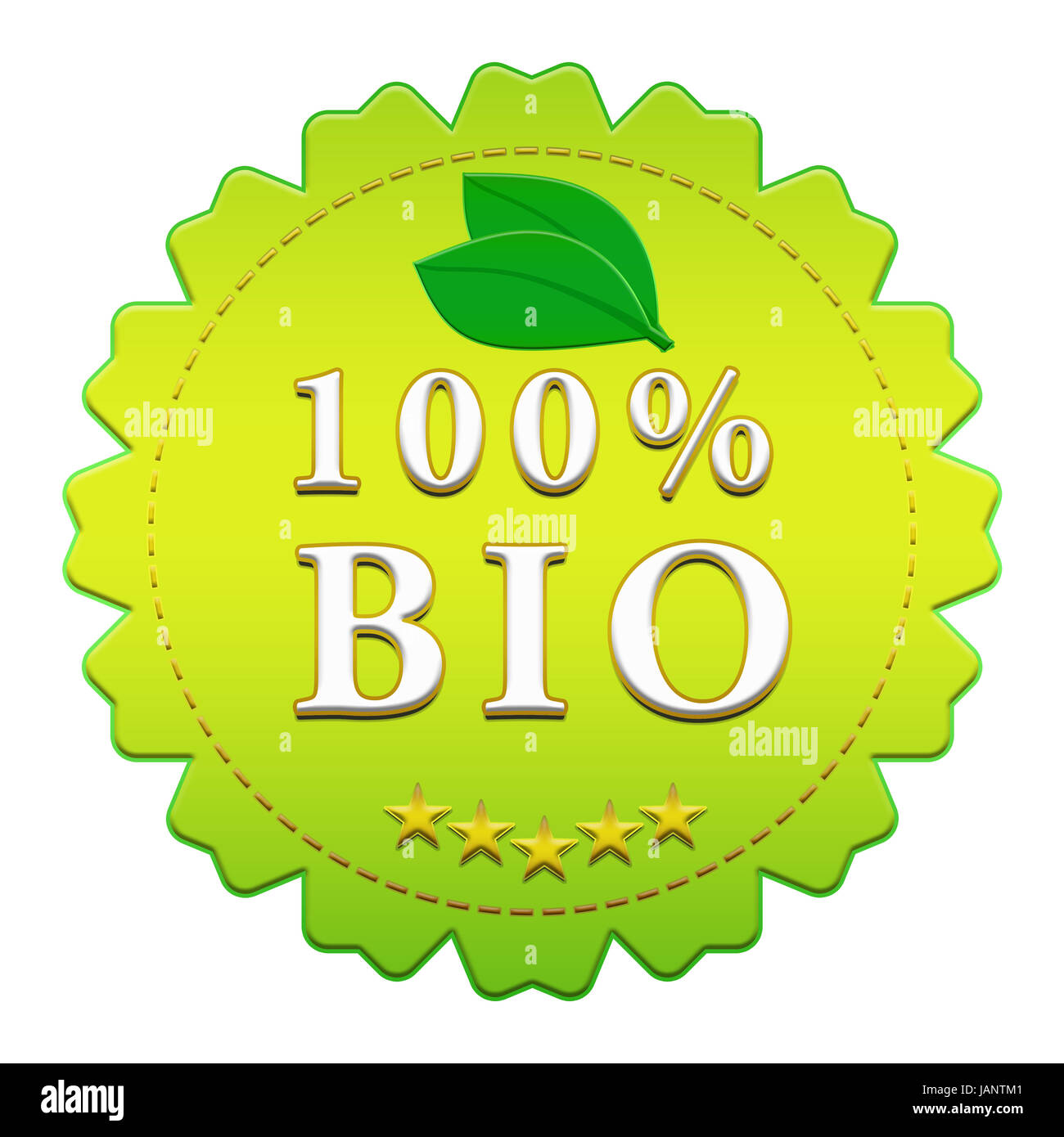 100 percent bio badge on white background with leaflets Stock Photo - Alamy