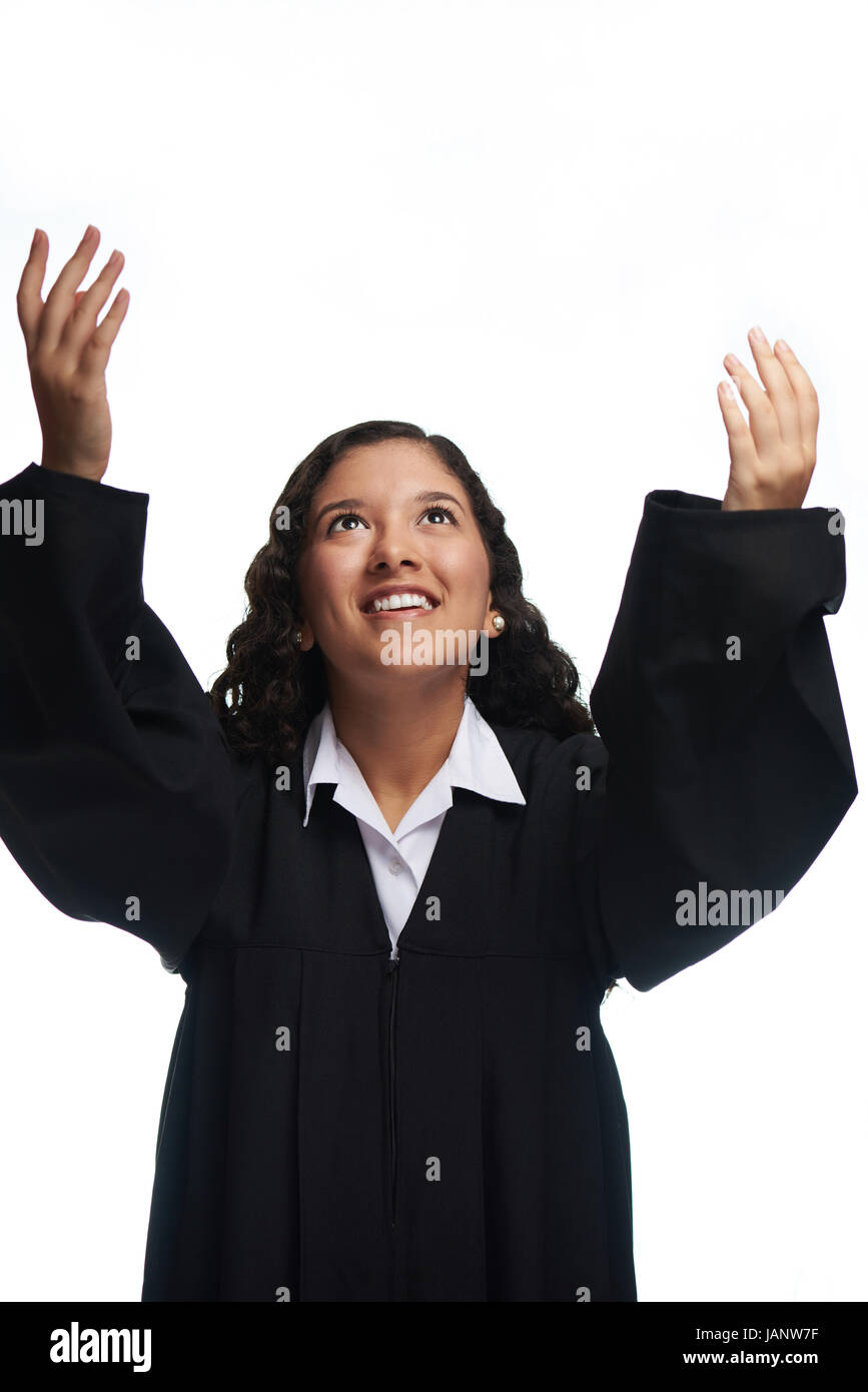 Young student girl look up isolated on white background Stock Photo - Alamy