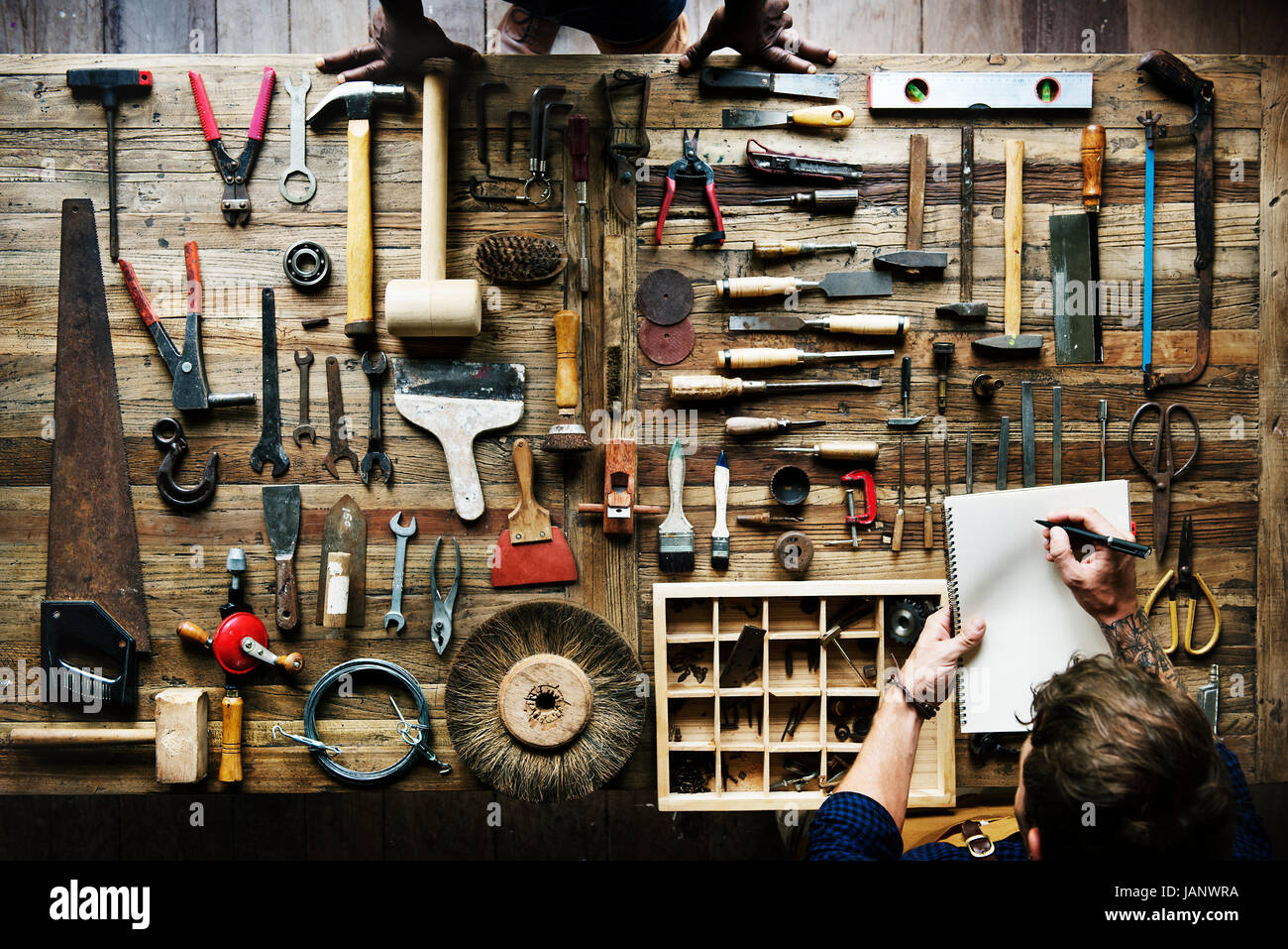 Aerial view of carpenter man with working tools equipment set Stock ...